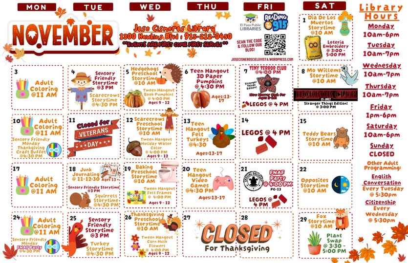 Jose Cisneros Cielo Vista Library – November Events 🍂📚 – ToDoElPaso.com